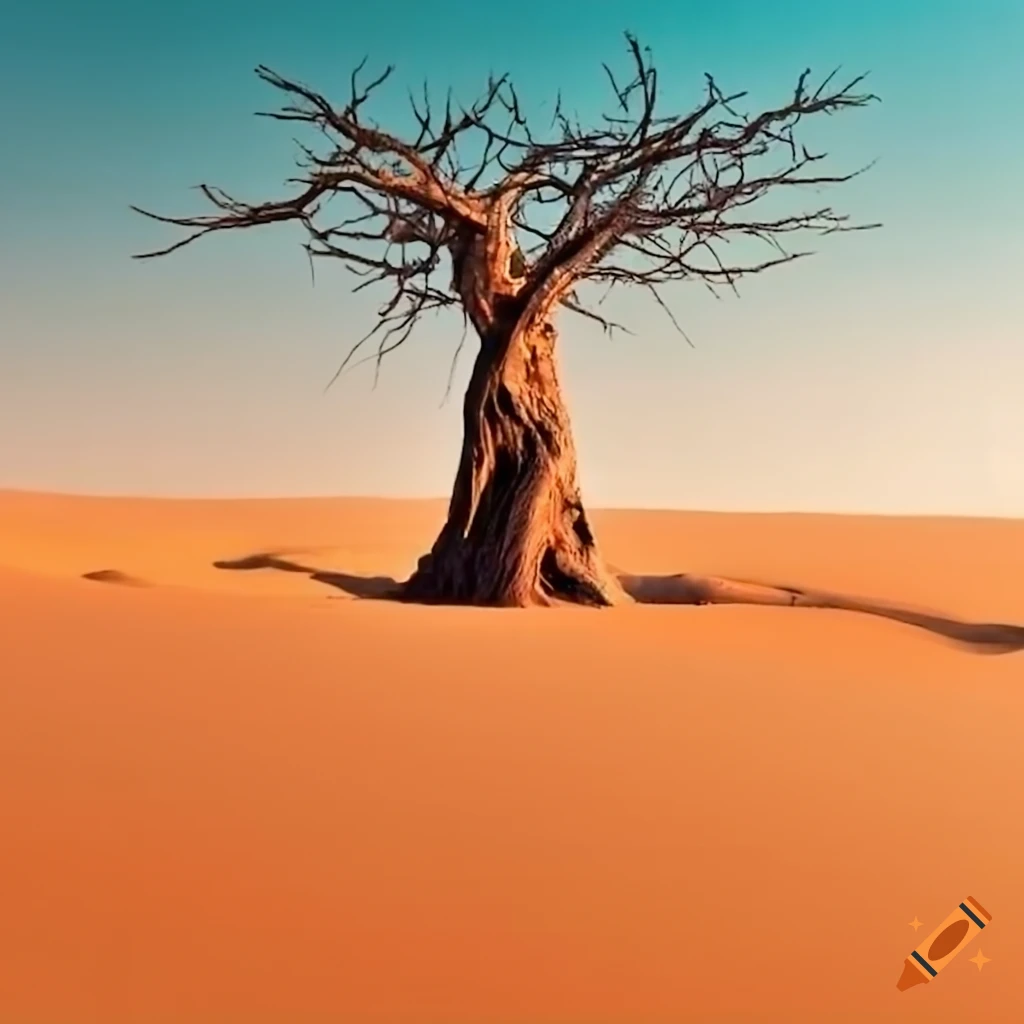 A lone, massive thorn tree stands resiliently in the endless desert ...
