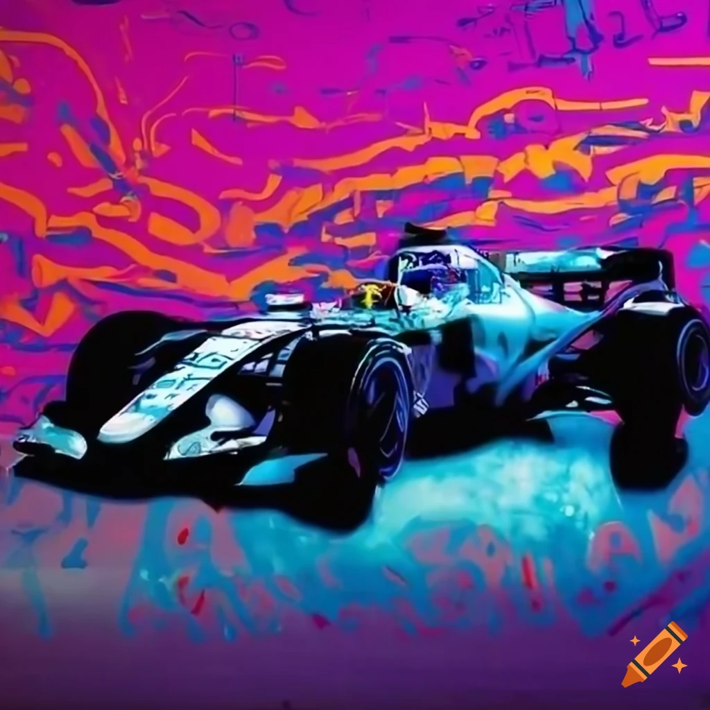 Colorful graffiti of f1 racing cars speeding around the city