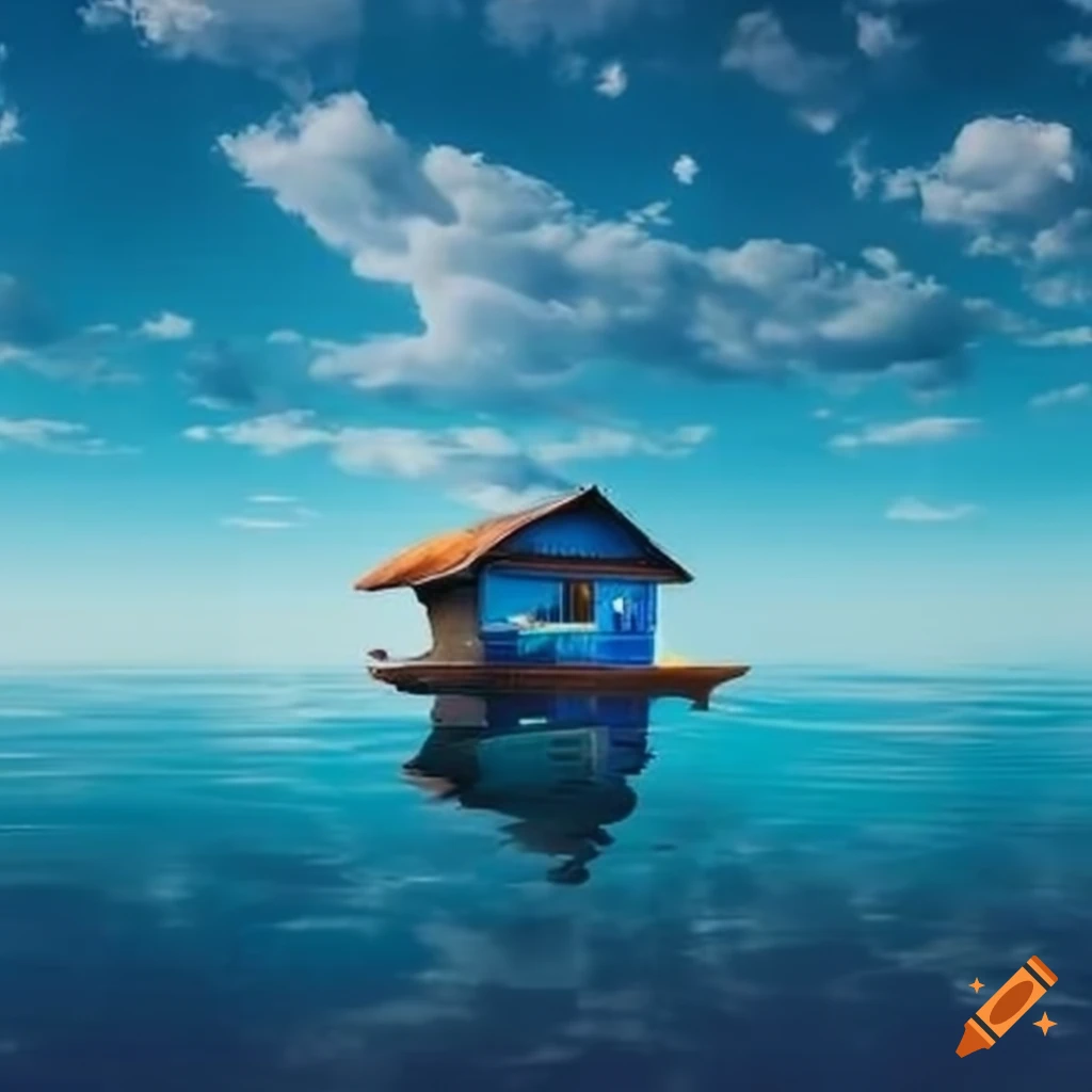 A fantastical floating shop in a surreal blue sky