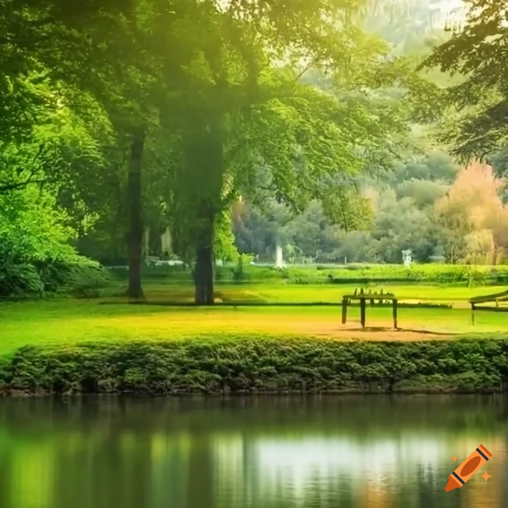 A peaceful park with a beautiful lake and lush greenery on Craiyon