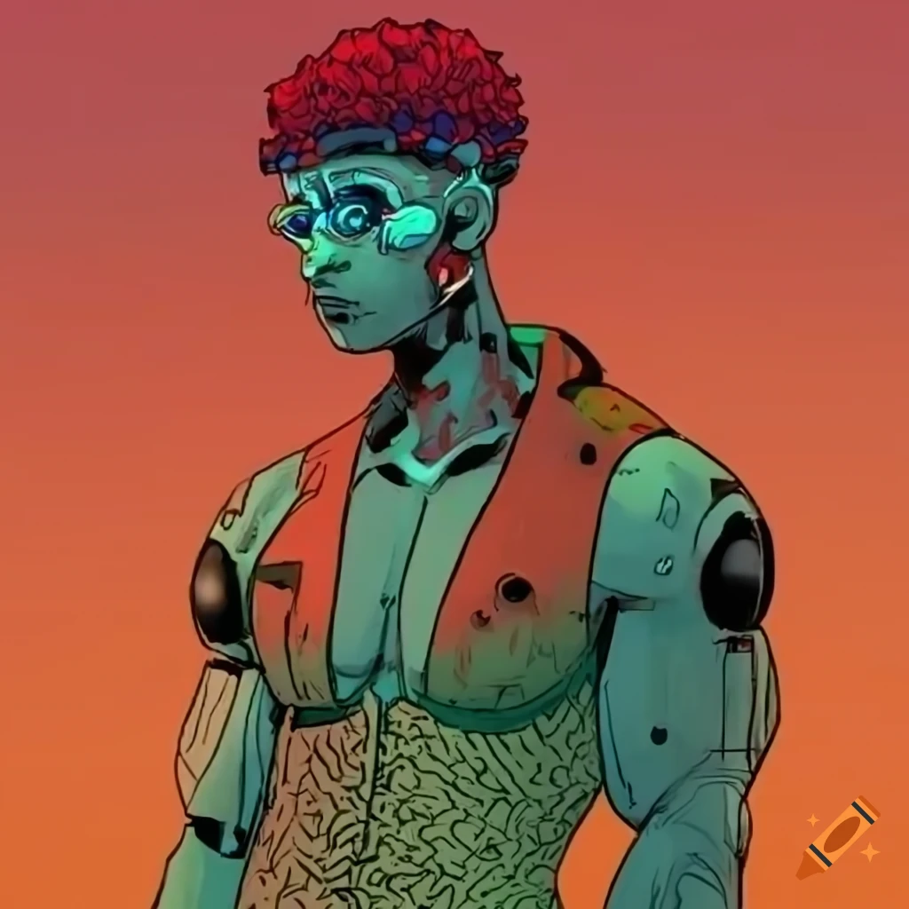 Fullbody cartoon Cyberpunk man, buff, beefy, fiery fists glowing, in ...