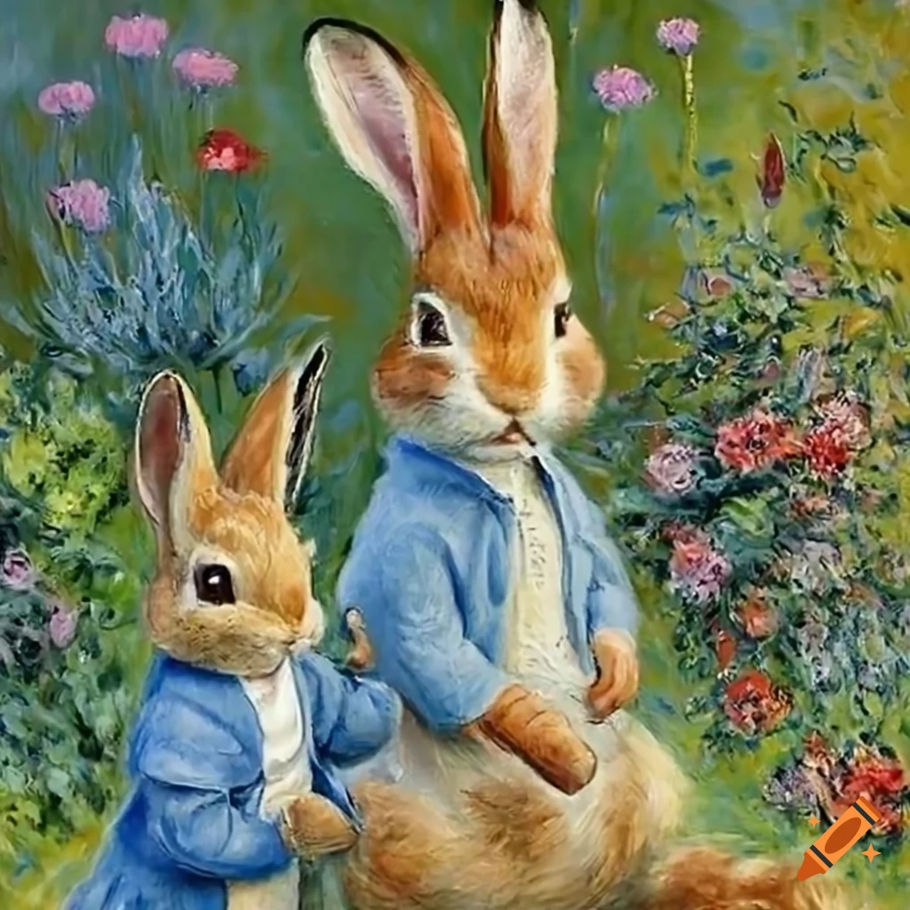 Peter rabbit family with mom and children, monet