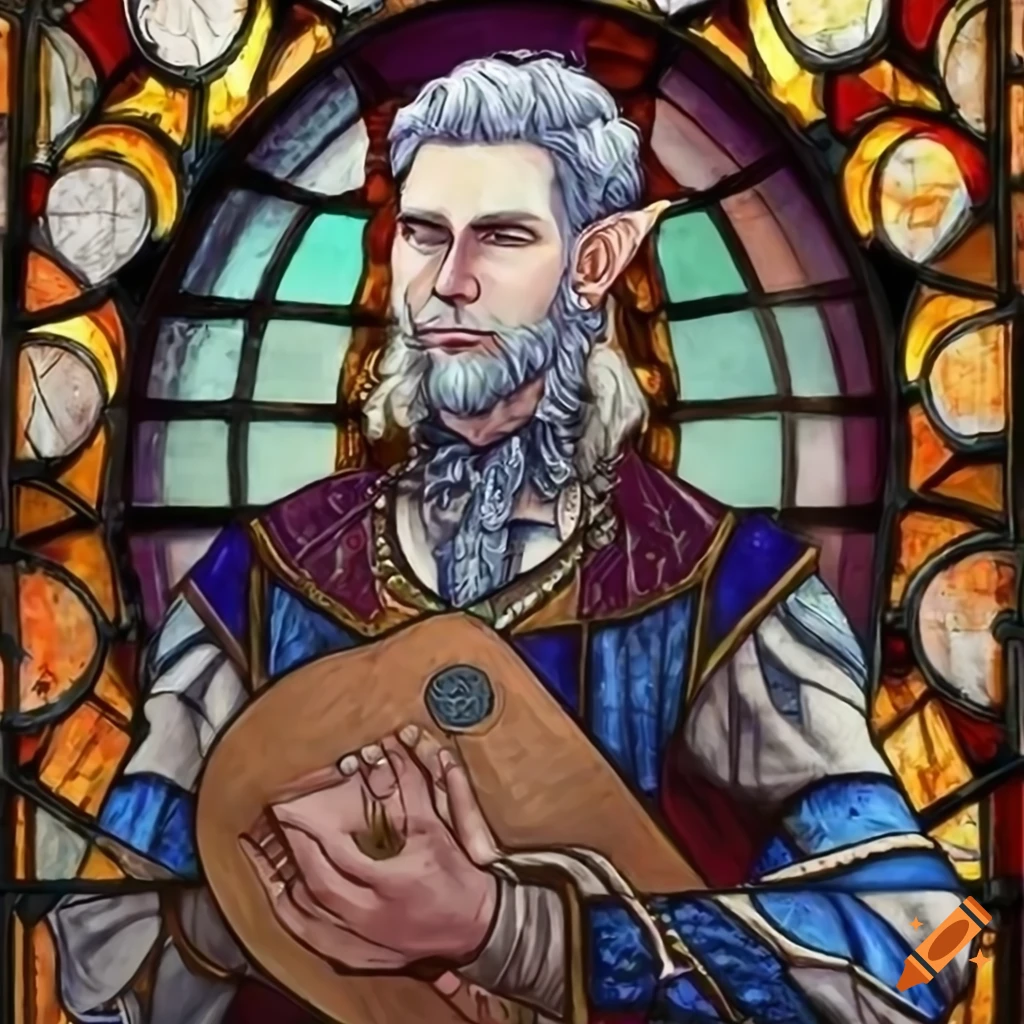 Baldur's Gate handsome bard with white beard and lute written in ...