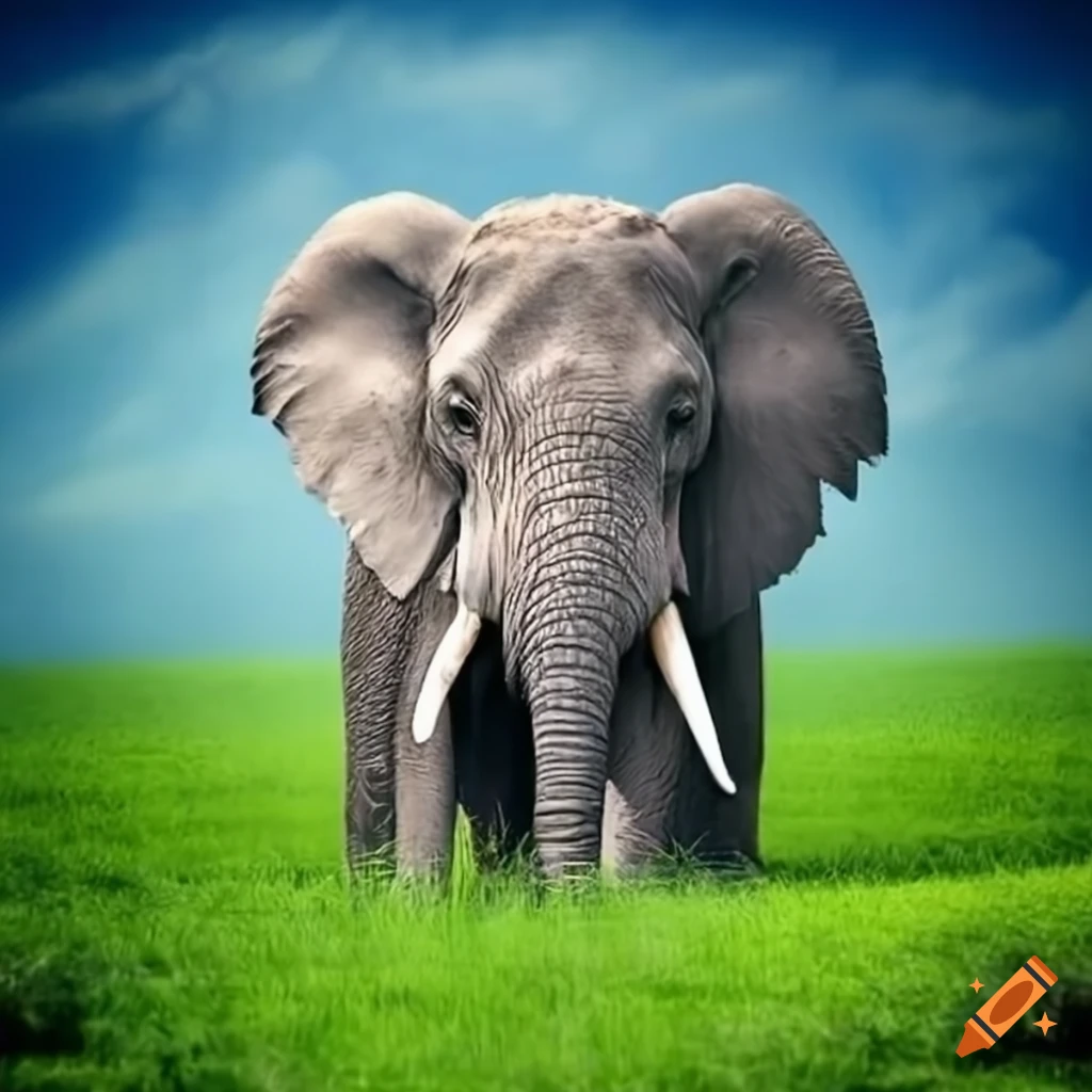 Elephant behind tree bleu sky green grass on Craiyon