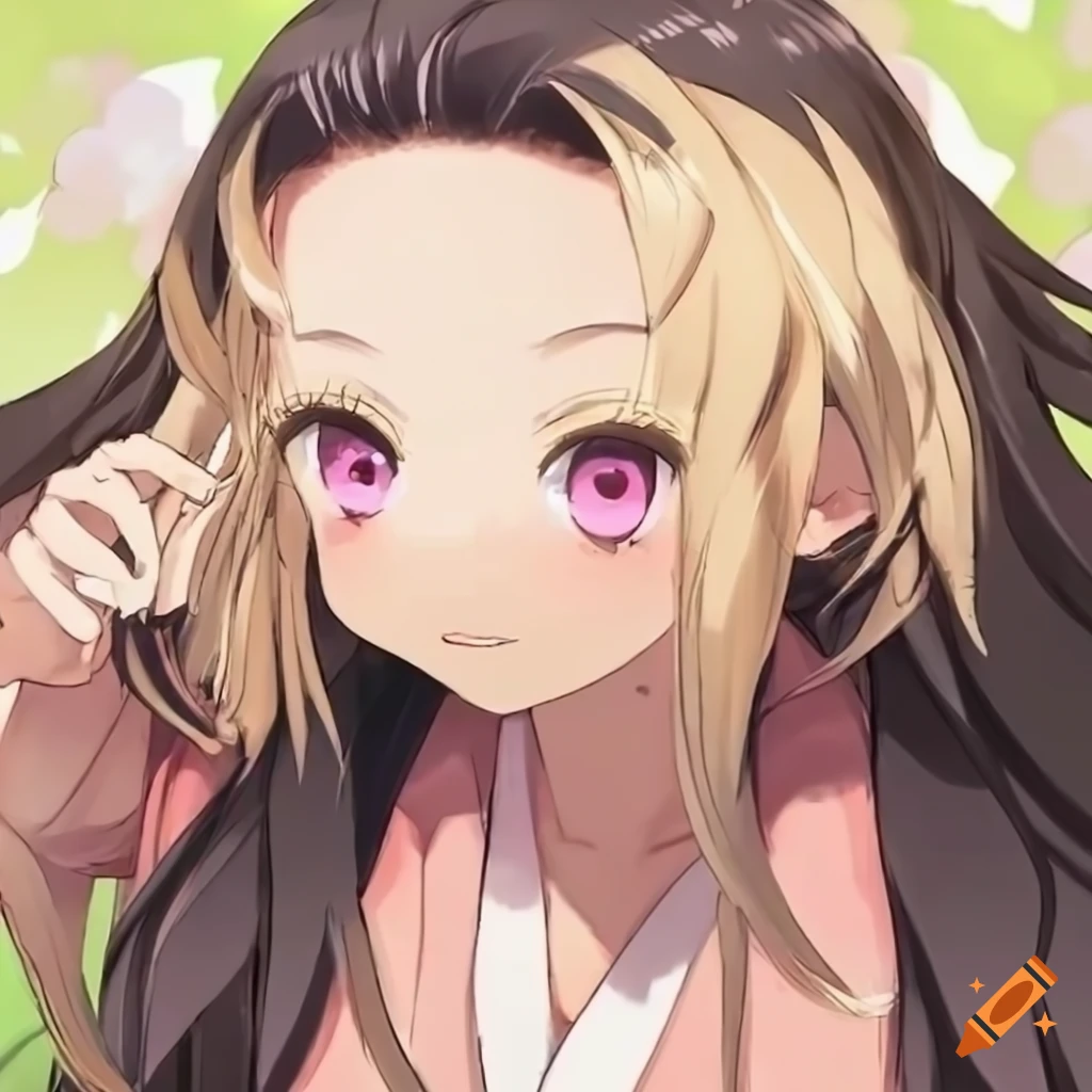 Nezuko Kamado running thew a feld of flowers, blonde hair, brown eyes ...