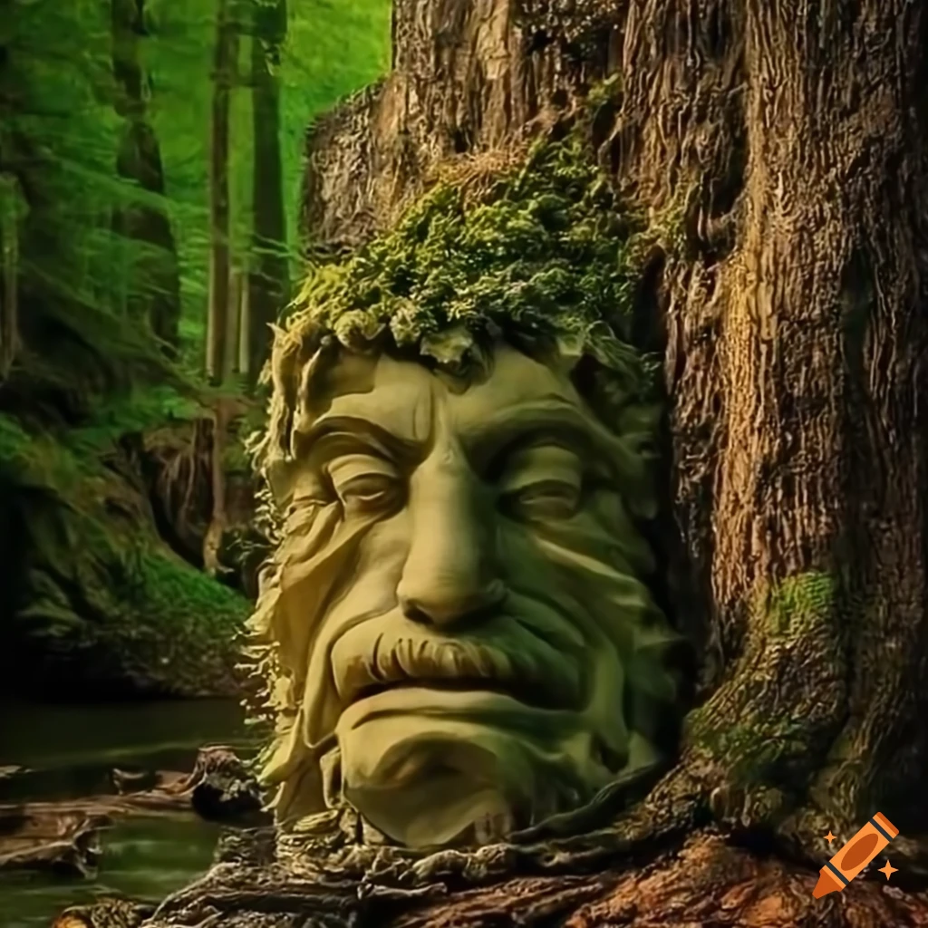 Intricate green man carving on an oak tree by a sunlit stream