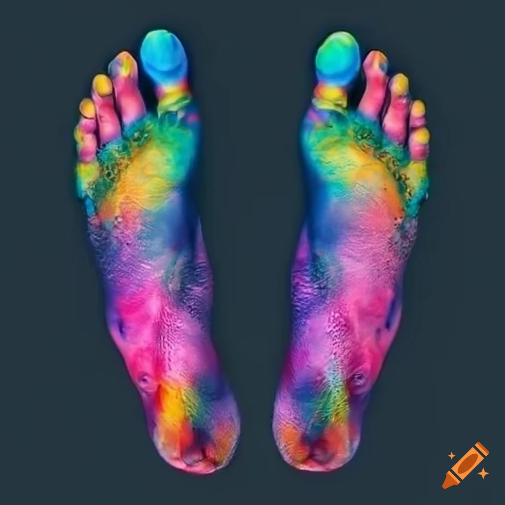 Bottom of feet with lots of colorful animal tatoos in the style of realism