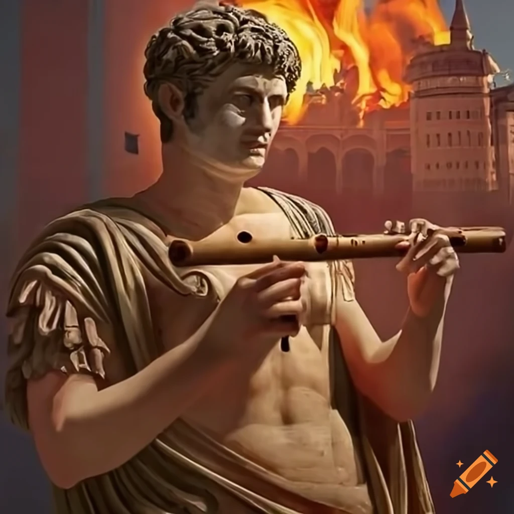 Emperor Nero of Rome playing flute while rome burns on Craiyon