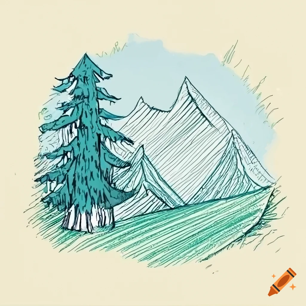 Sketch of a forest with big trees inside of a valley with mountains ...