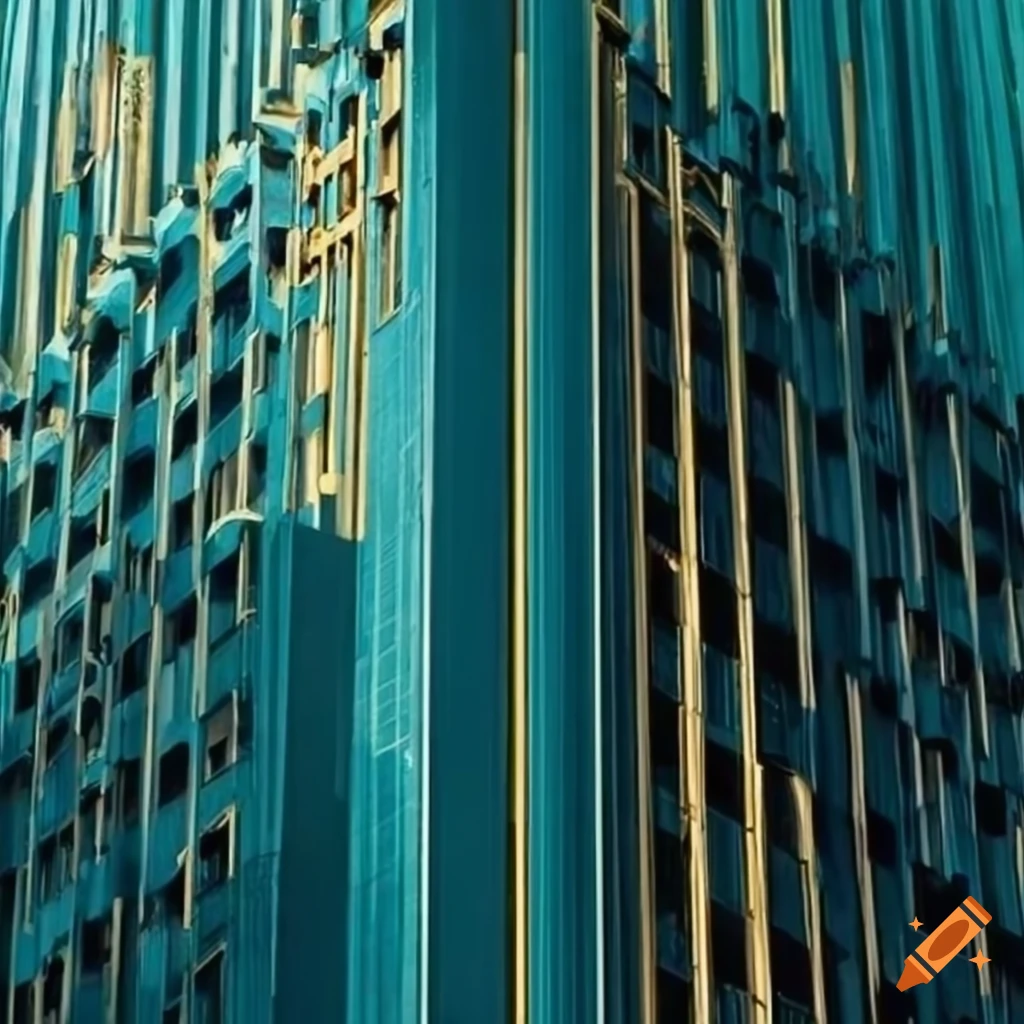 Dark teal coloured art deco building with gold highlights
