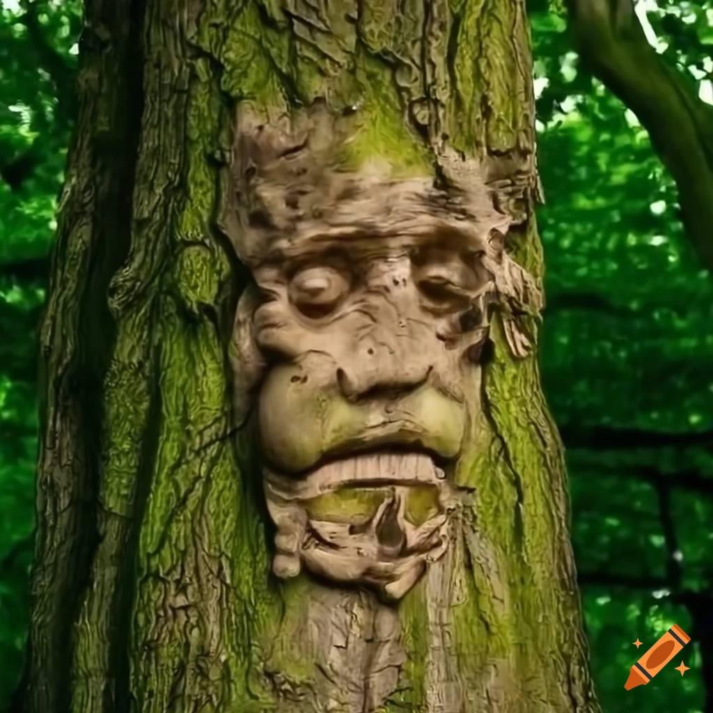 Intricate Green Man carving on an oak tree by a sunlit stream on Craiyon