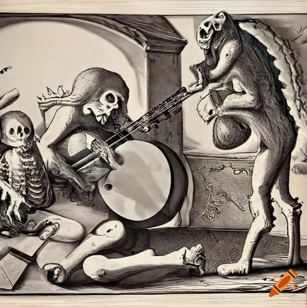 Grim gravure with creatures playing musical instruments