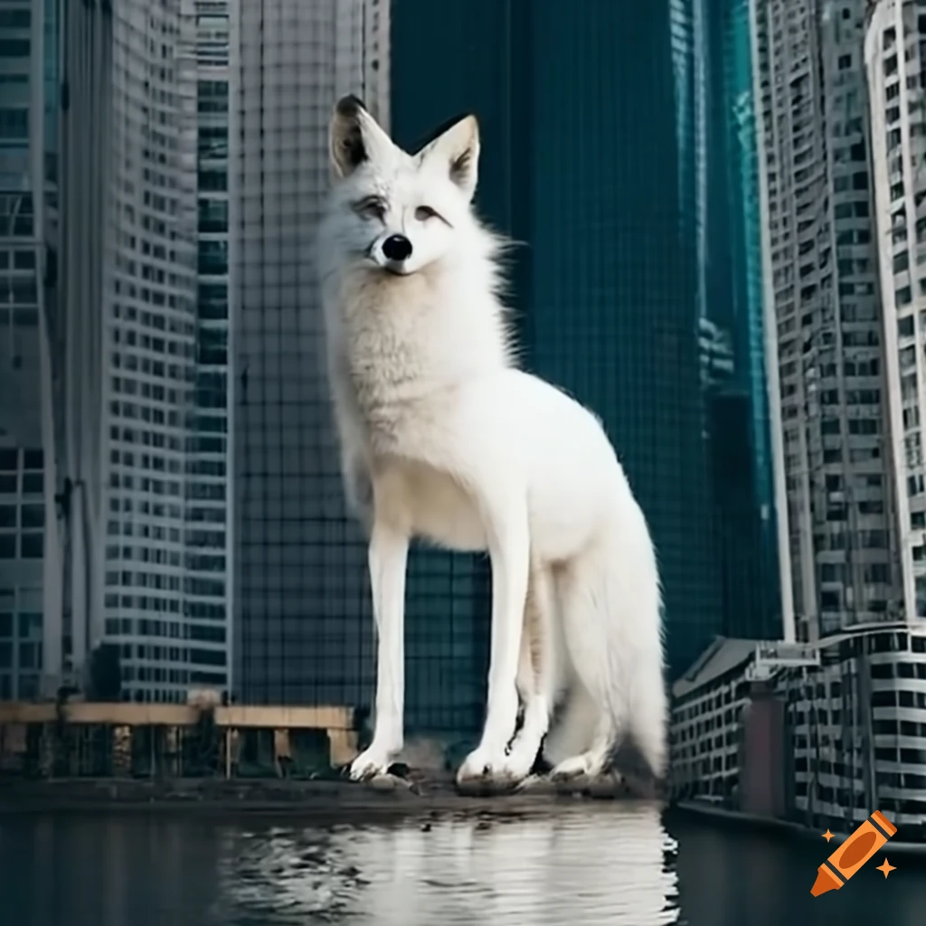 Giant white fox standing with skyscrapers on Craiyon