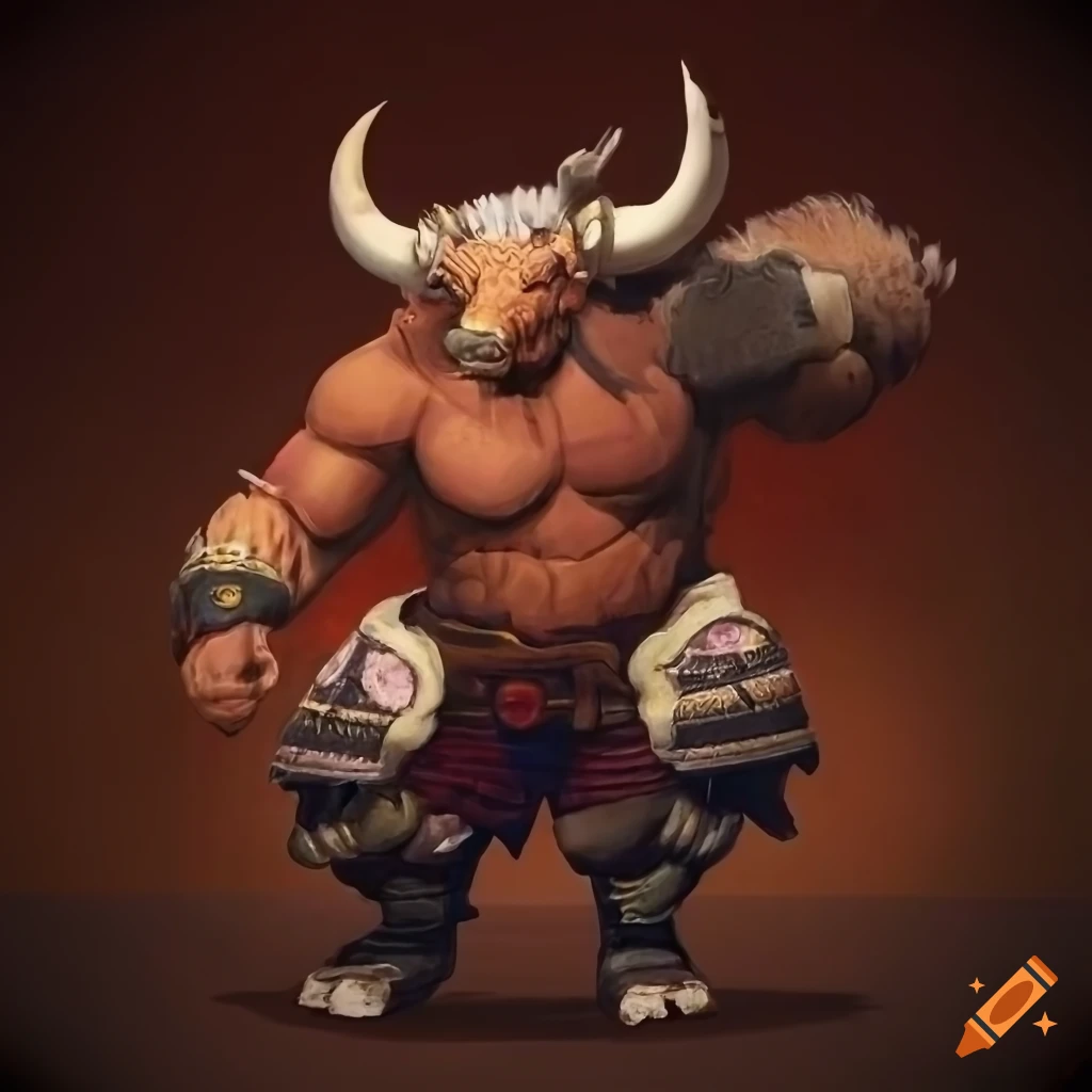 Very large minotaur man wearing samurai pants. with a cape made of fur ...