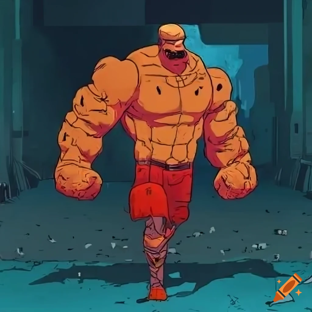 Fullbody cartoon Cyberpunk man, buff, beefy, fiery fists glowing, in ...