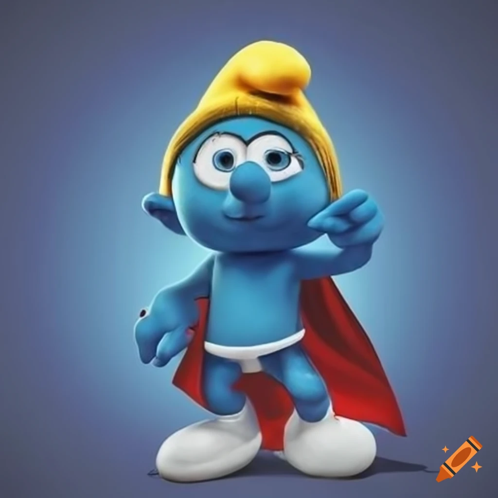 A blue-skinned smurf superhero wearing a vibrant outfit