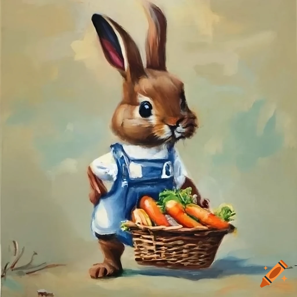 Classic painting of 2 brown rabbits with white spots wearing overalls ...