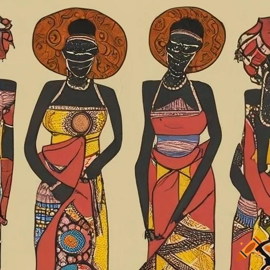 A closeup of al print fabric withA group of women in African costume ...