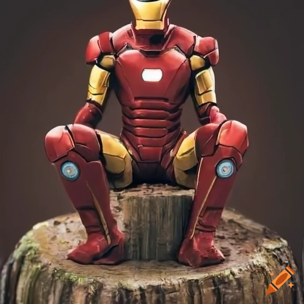 Iron man old rustysuit sitting on a tree stomp on Craiyon