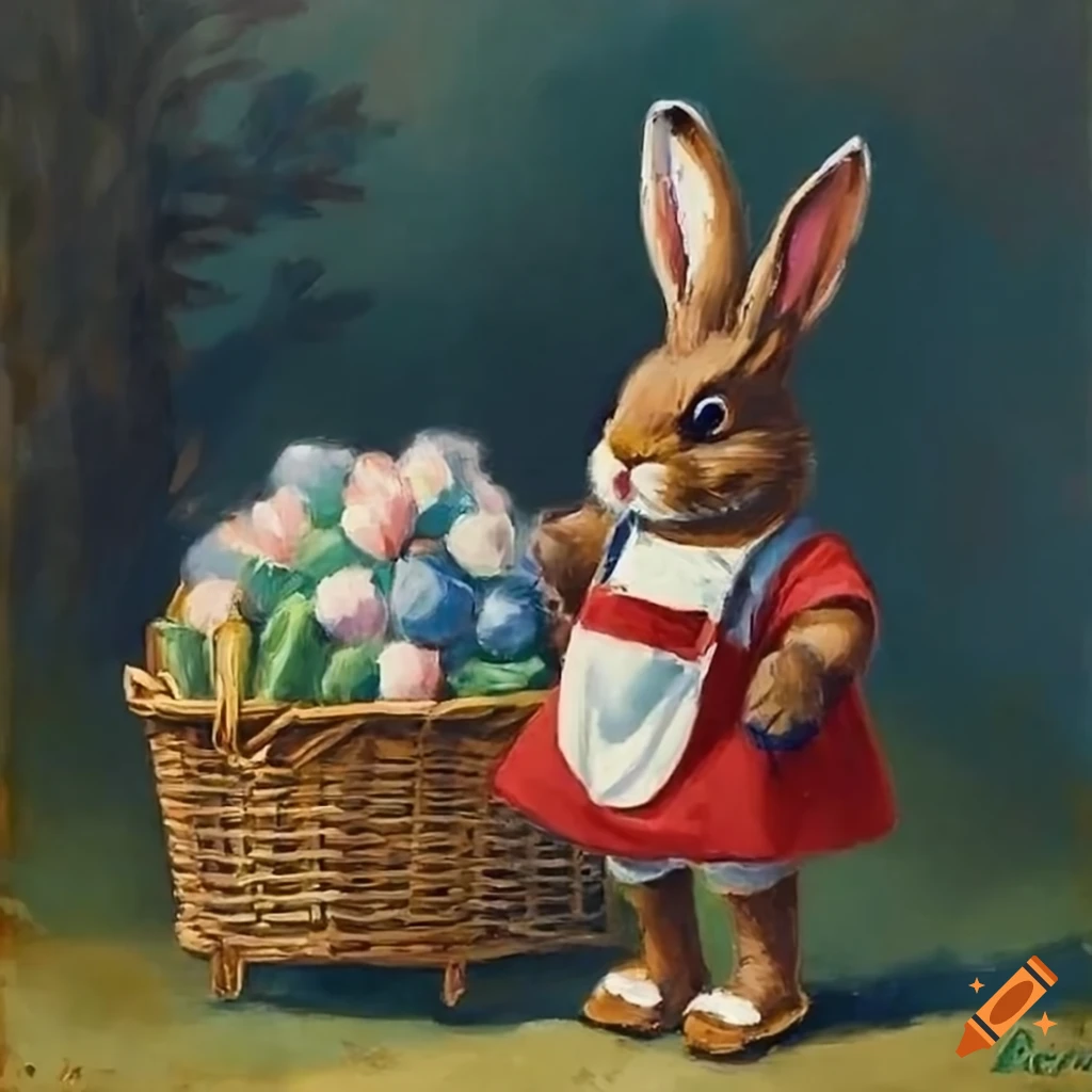 Classic painting of 2 brown rabbits with white spots wearing overalls ...