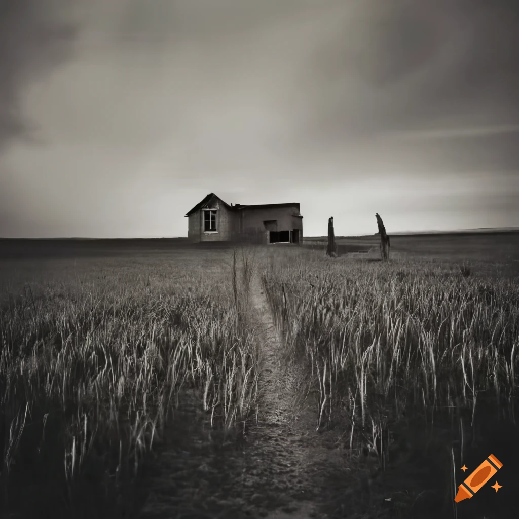 A desolate farm surrounded by an eerie cornfield and tall grass, old ...
