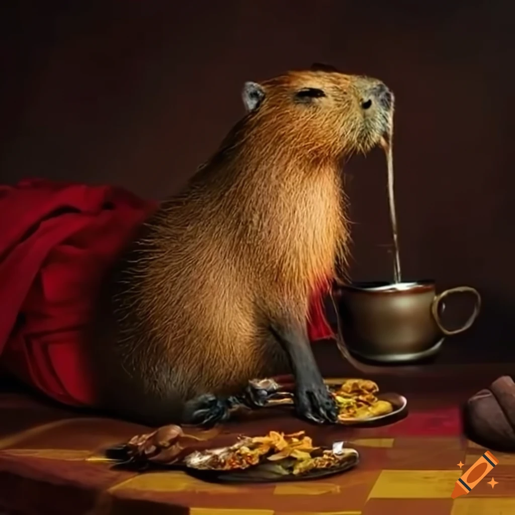A capybara enjoying mate tea in a renaissance-style setting on Craiyon
