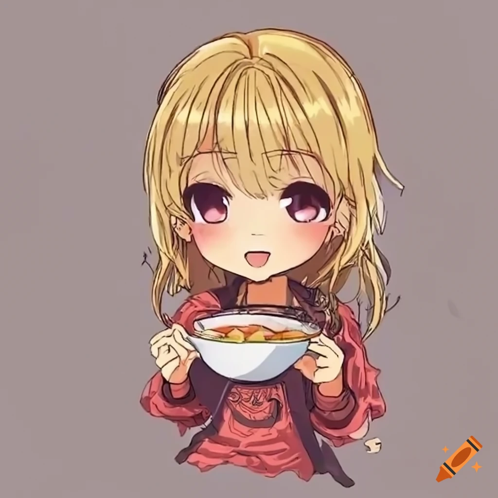 Anime chibi holding bowl of pasta on Craiyon