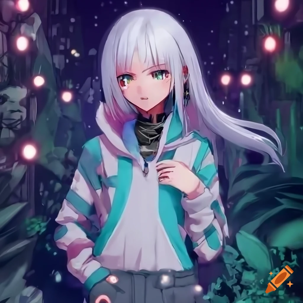White-haired young anime character portrait, with galaxy green eyes and ...