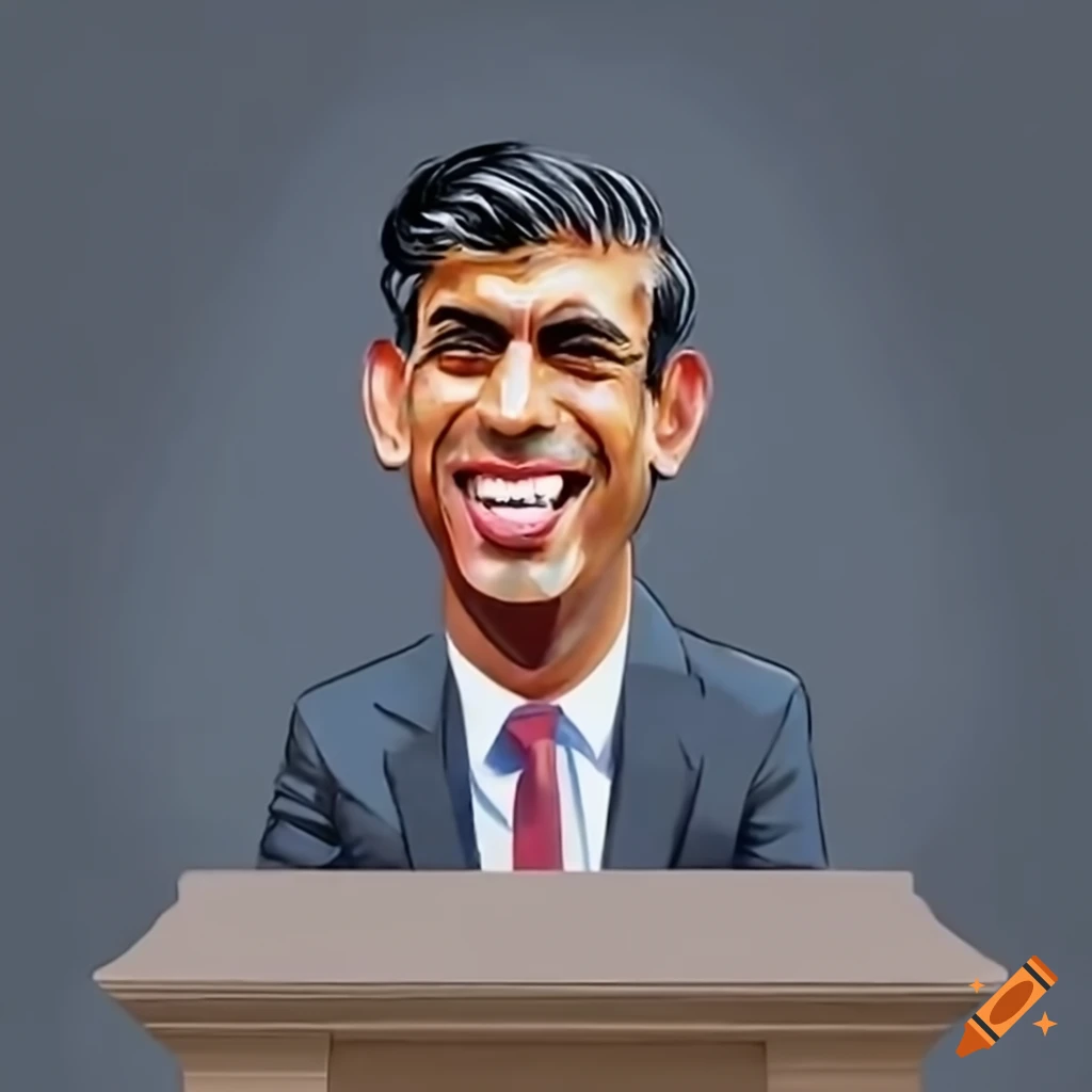 Rishi sunak laughing from behind a podium outside downing street on Craiyon