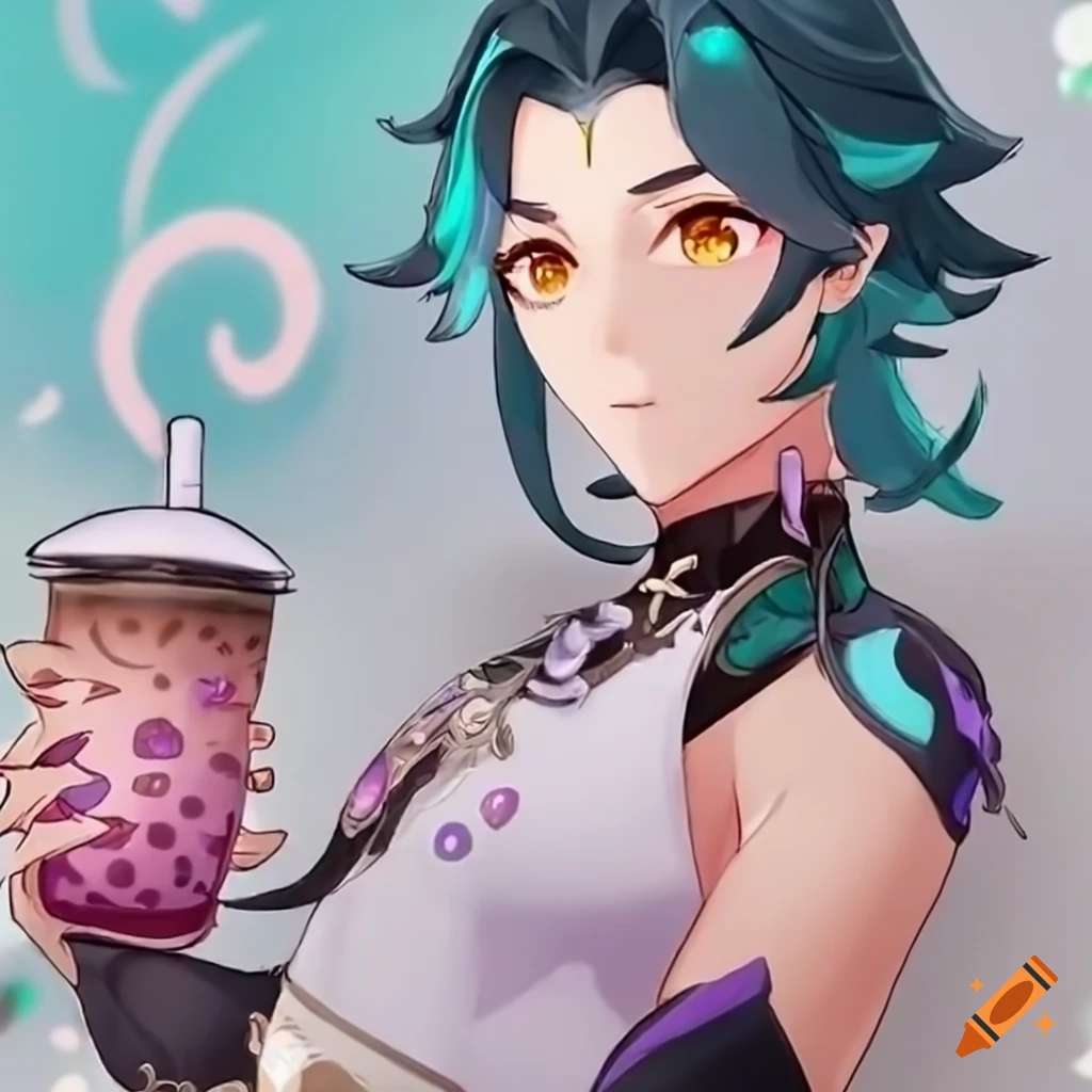 Xiao from genshin impact drinking bubble pearl milk tea on Craiyon