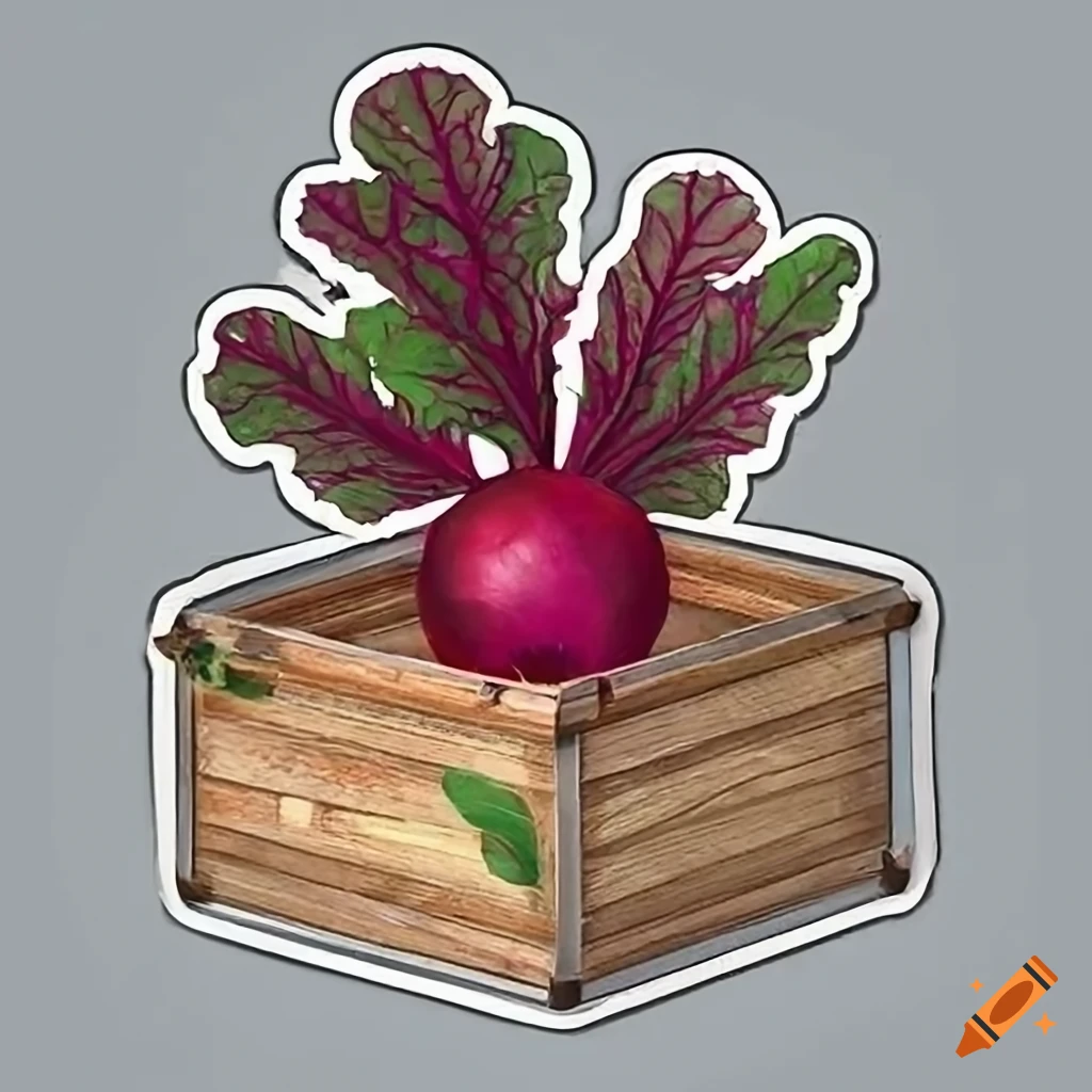 Sticker wooden box filled with fresh red beetroots with leaves