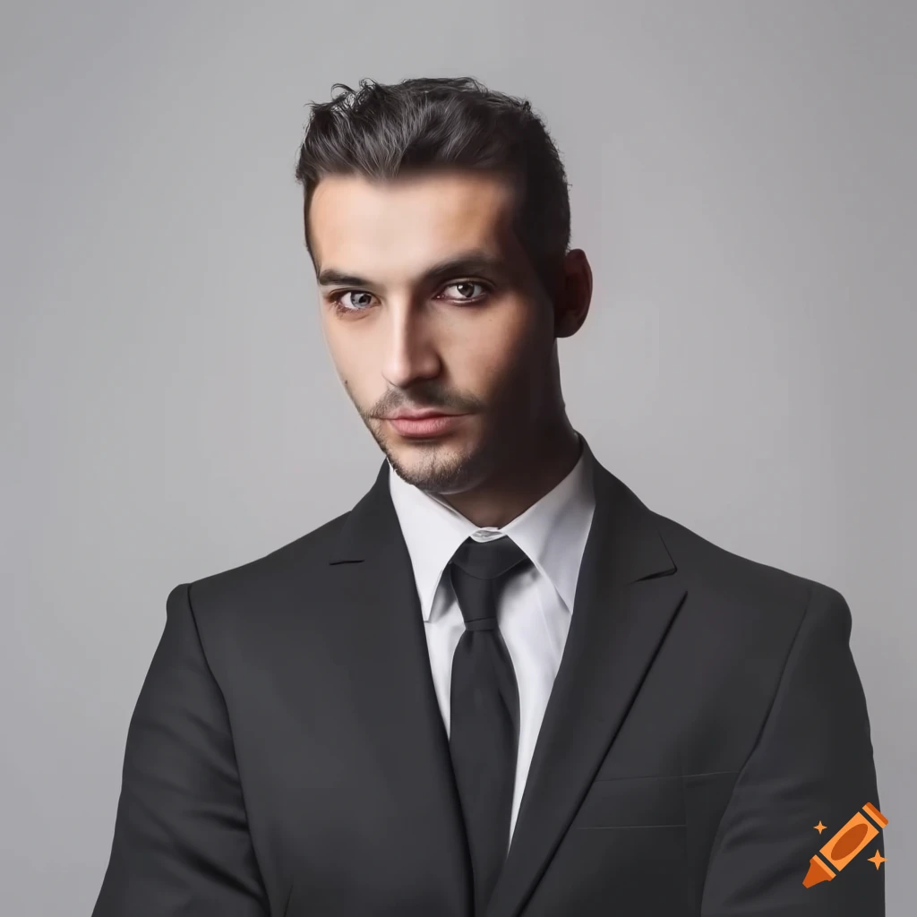 Attractive charming italian man with broad shoulders in a dark suit in ...