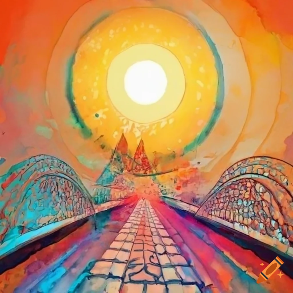 Multi-dimensional water-colour art featuring a bridge, cityscape, round ...