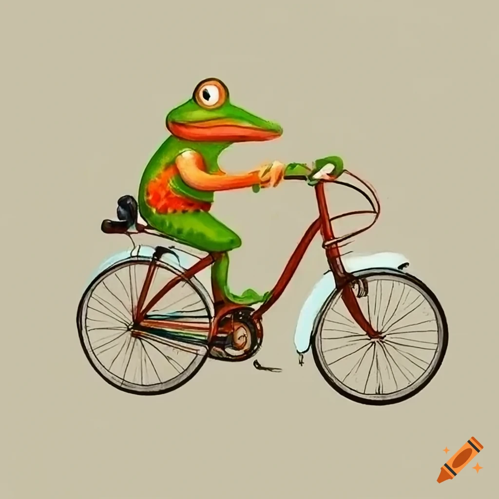 A whimsical illustration of a frog riding a bicycle on Craiyon