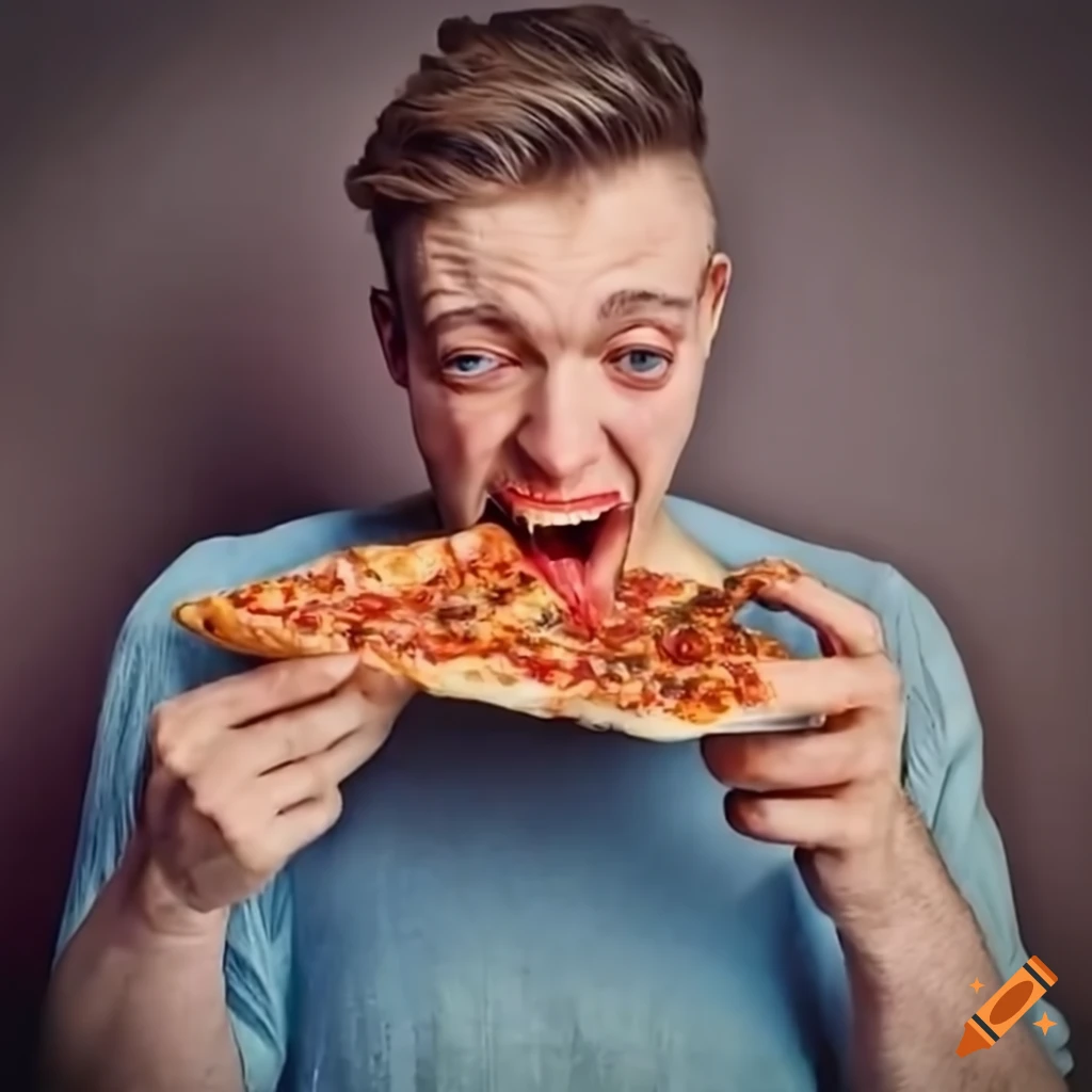 Bisexual man eating pizza