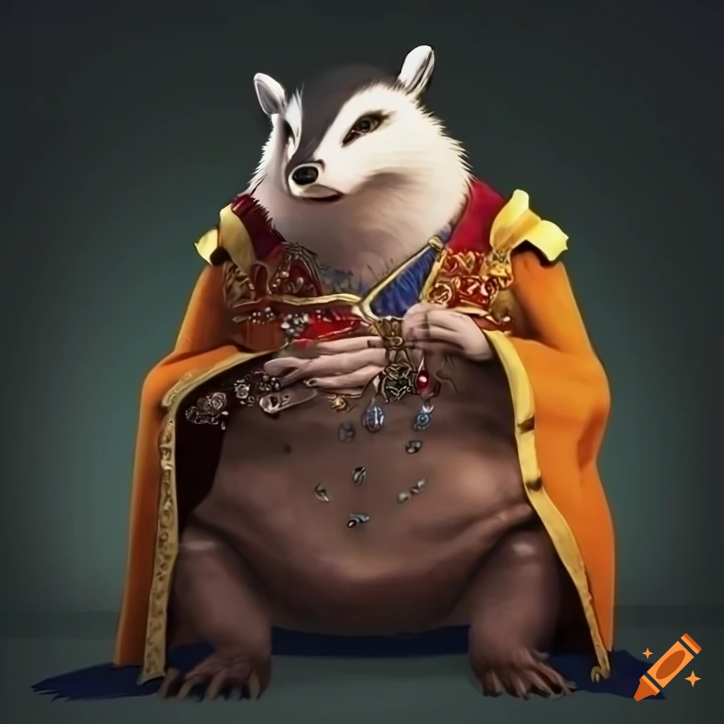 A fat bloated gluttonous anthro badger king wearing a royal coat with ...