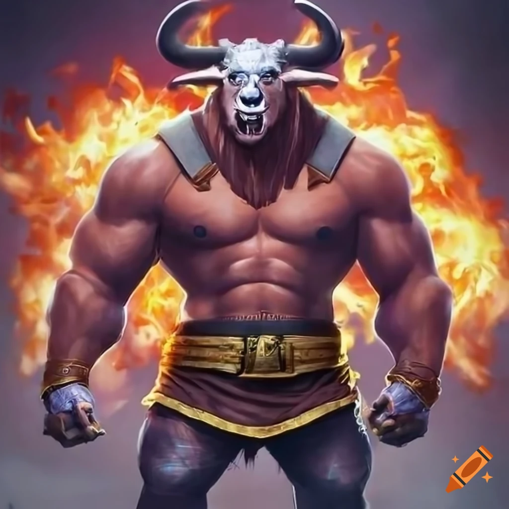Action battle scene, epic fantasy art, a fire elemental Minotaur ...