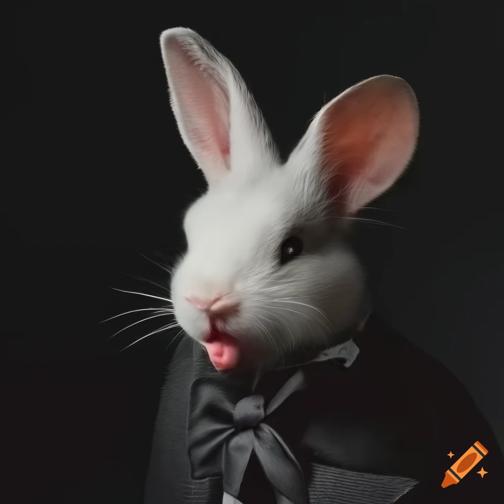 A young white rabbit with colorful eyes and laughing, wearing a black ...