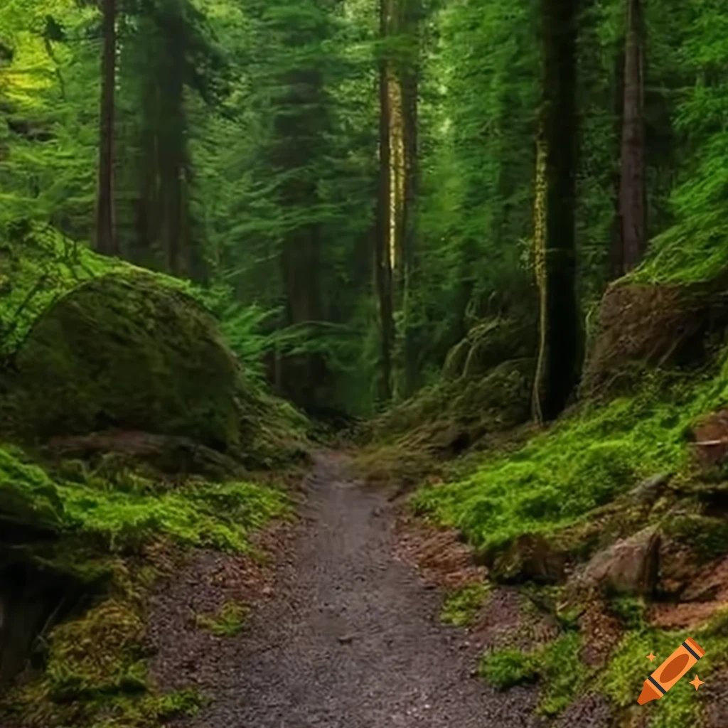 Smal path made from rubble in an dense european forest on Craiyon
