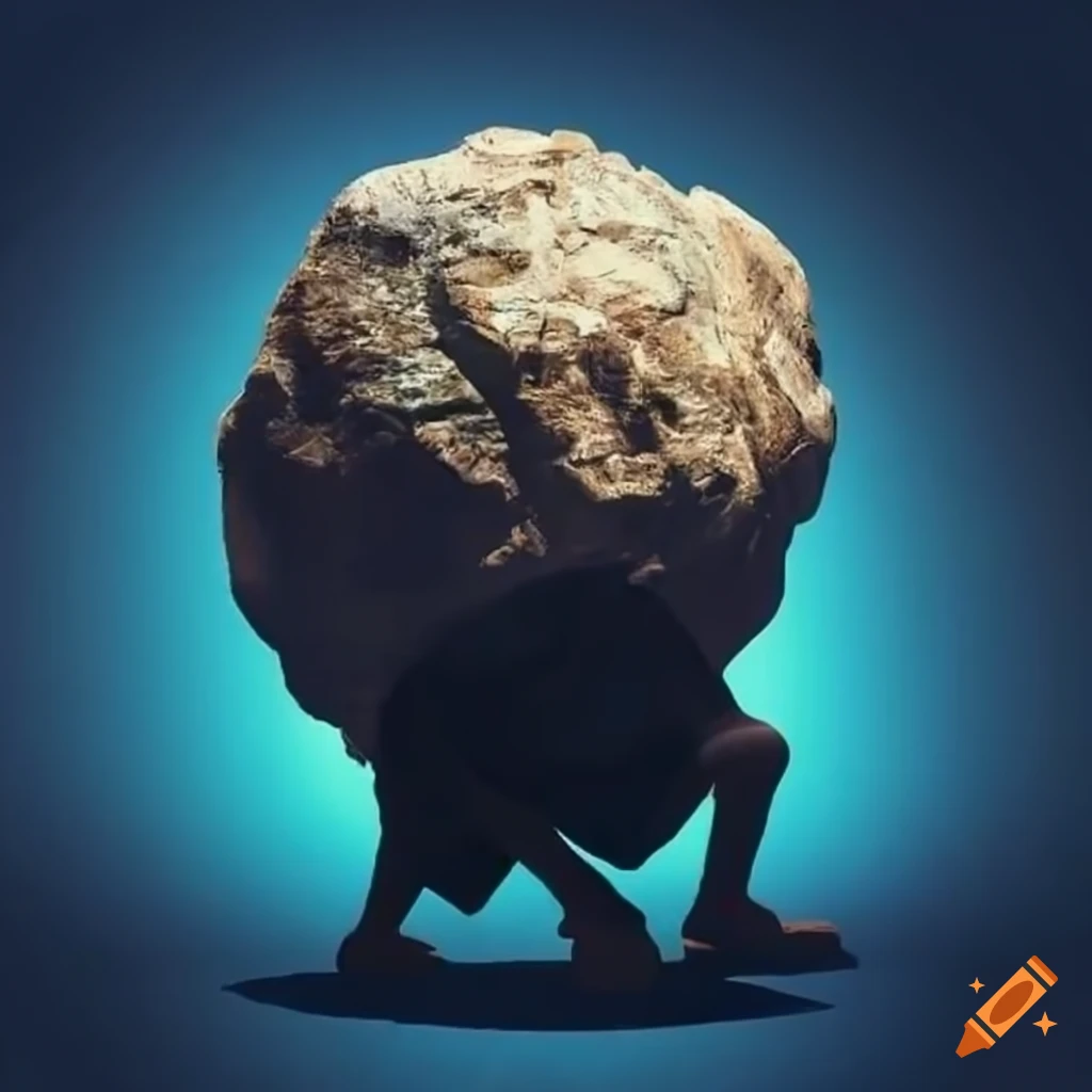 Sisyphus happily pushing a boulder up a mountain on Craiyon