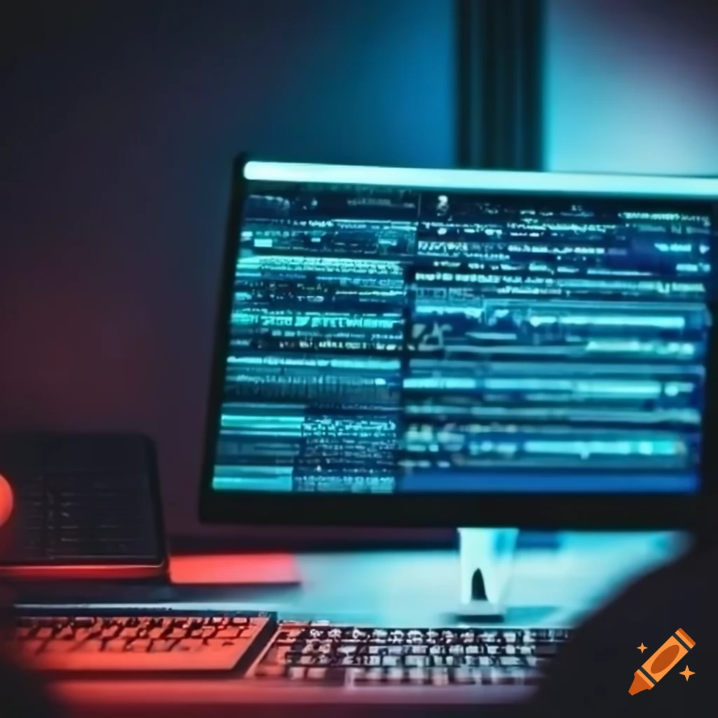 A focused web developer coding in a dimly lit room on Craiyon