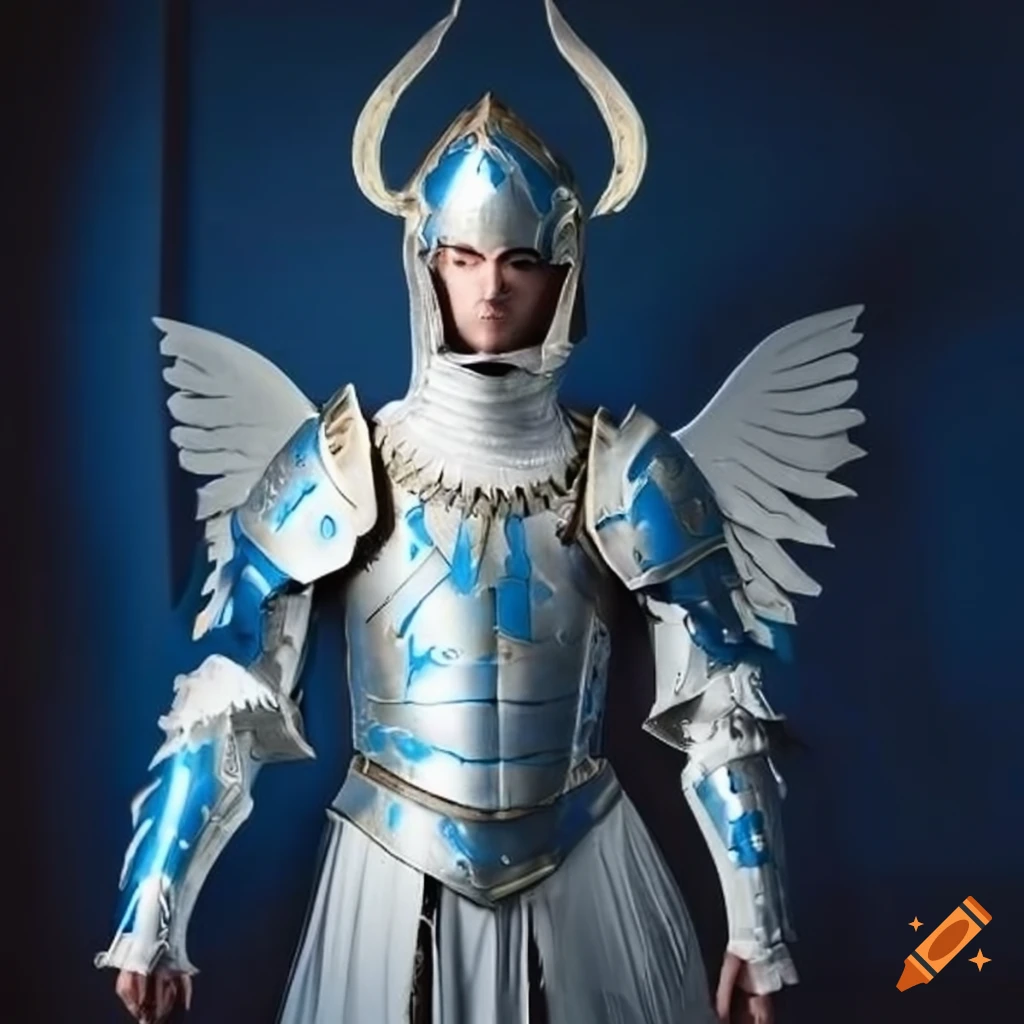 White holy male valkyrie armor with tints of blue on Craiyon
