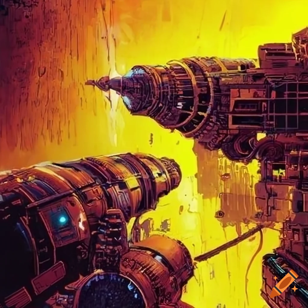 YELLOW 70S SCI FI ENGINE ART on Craiyon