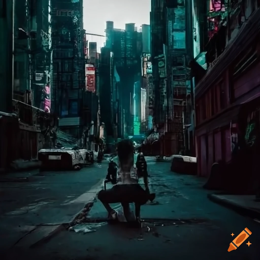 Desolate cyberpunk city, completely abandoned except for a lone figure ...