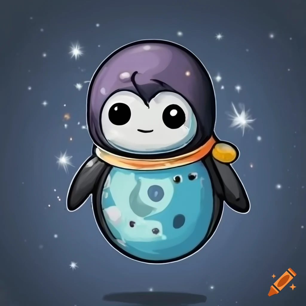 A chibi round neckless penguin in space holding the moon while standing ...