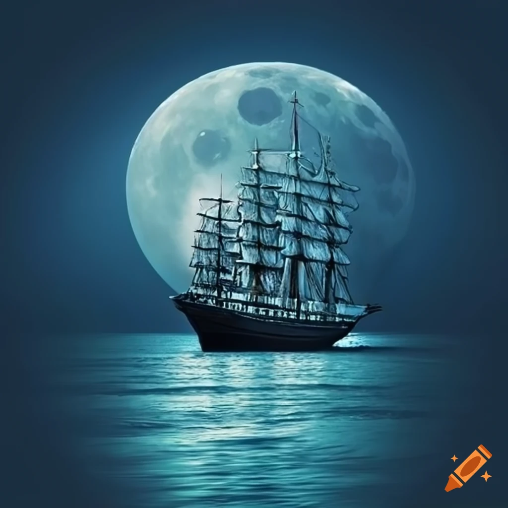 A ship at sea under the moon