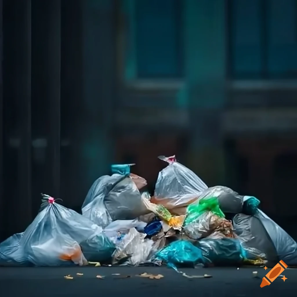 An untidy dumpster overflowing with bags of garbage