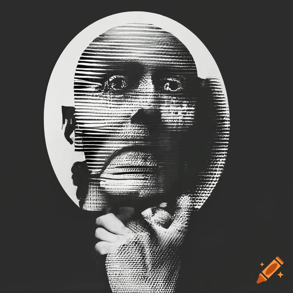 Dadaistic collage about relativity and atoms, in black and white halftone