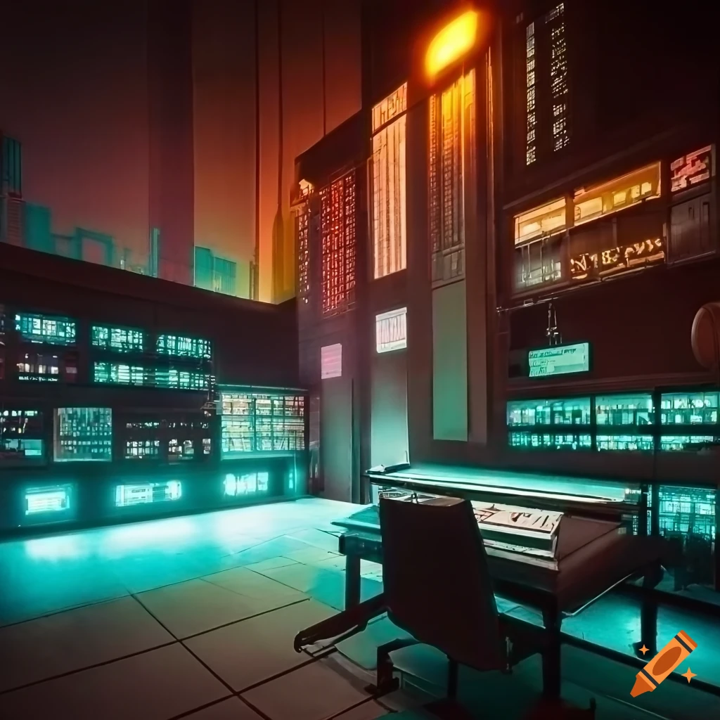 Wide shot of a nightly, 1930s-art-deco-style office, with a wooden desk ...