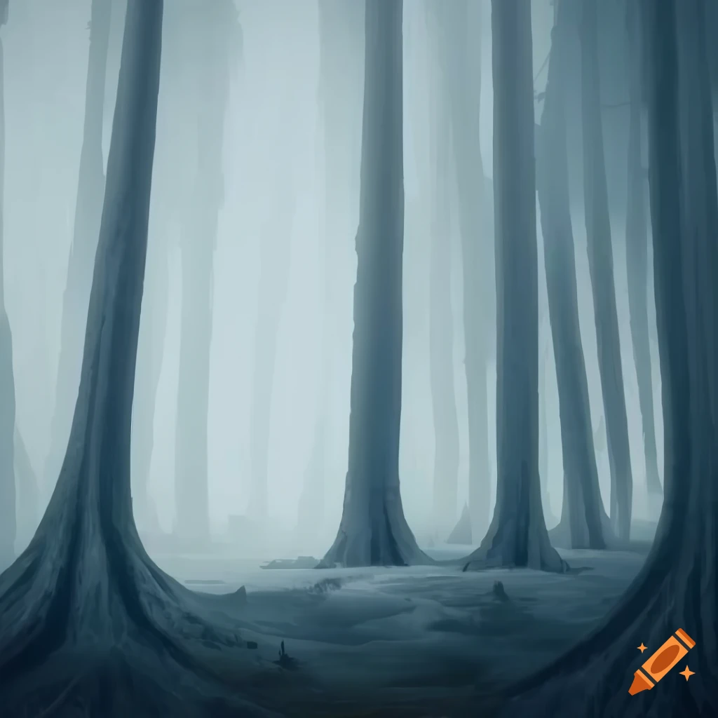 Strange alien forest area with gray trees and strange plants, gray ...